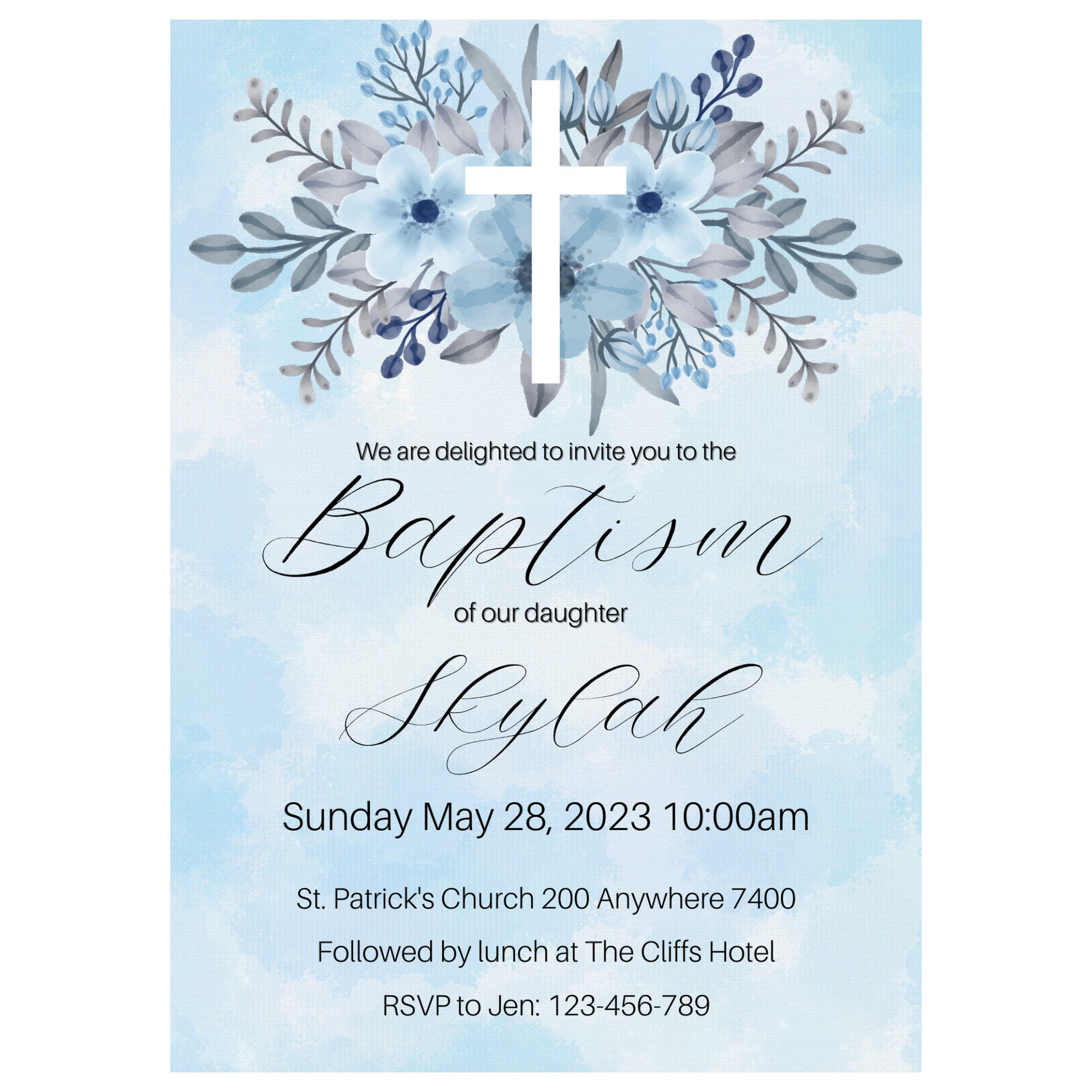 Blue Beautiful Simple Baptism Invitation Watercolor Blue Flowers Baby ...