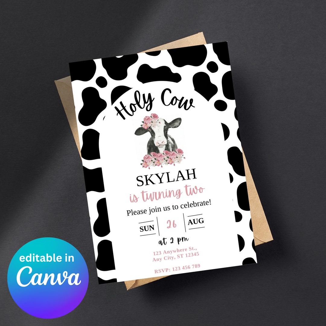 Editable Cow Theme Birthday Party Invitation Holy Cow Its by Bday ...