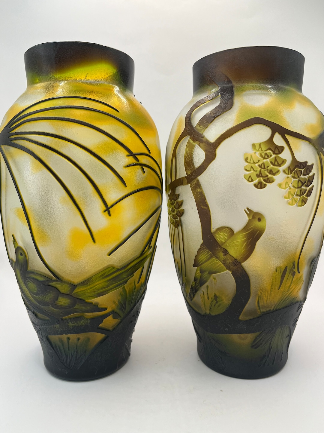Pair of Cameo Glass Japanese Bird Vases - Etsy