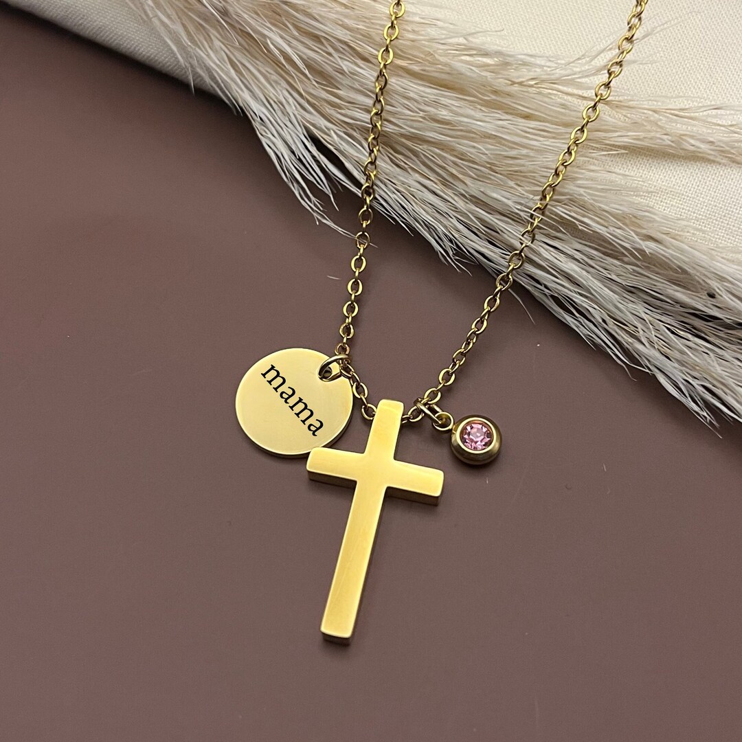 Personalized Cross Necklaces - Baptism Birthstone Necklaces - Stainless Steel - 18K Gold ...