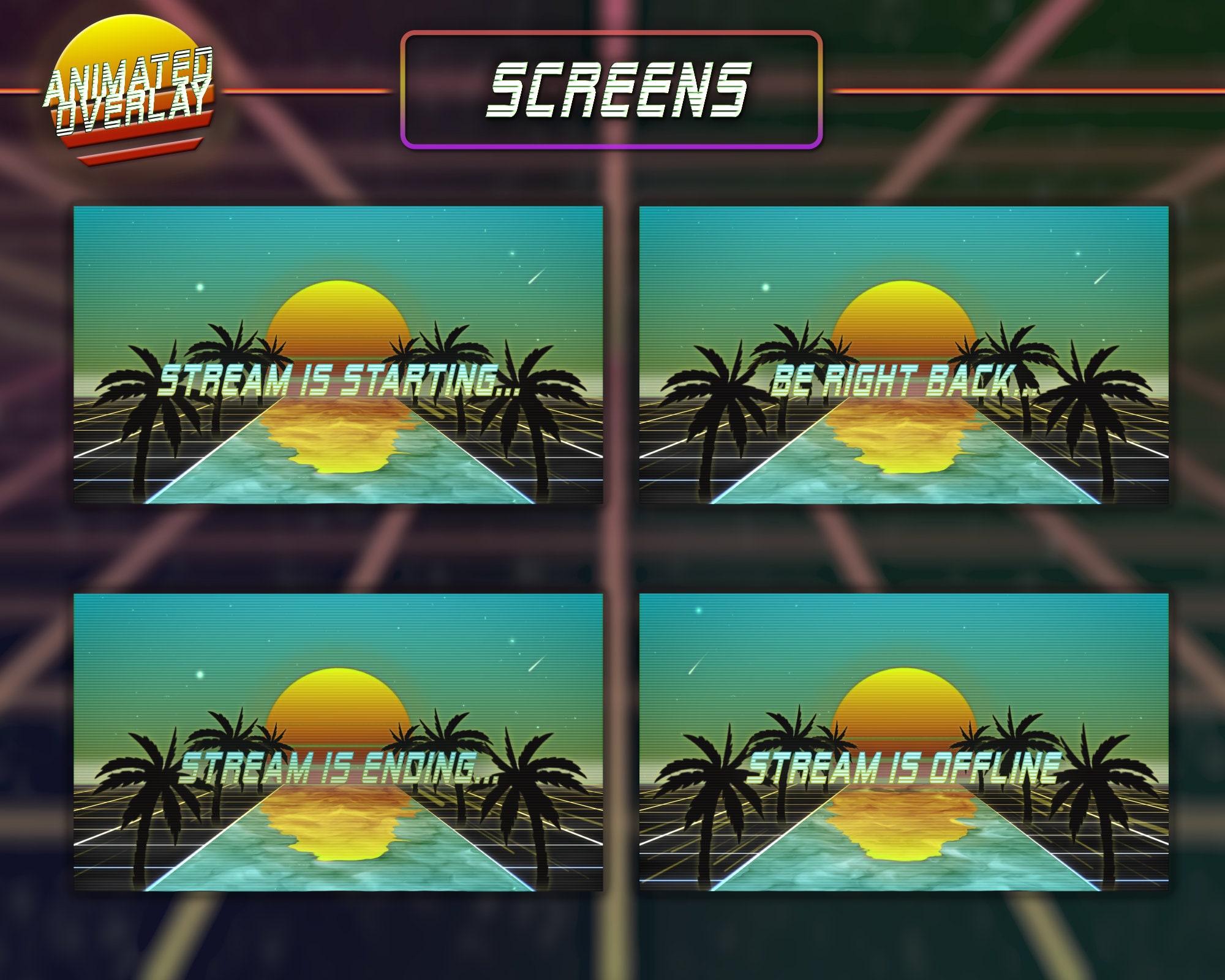 Animated Retro Synthwave Stream Overlay / Full Twitch Pack / 80s ...