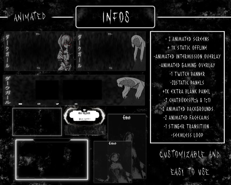 Animated Dark Anime Girl Twitch Overlay / Full Stream Pack / Psycho ...