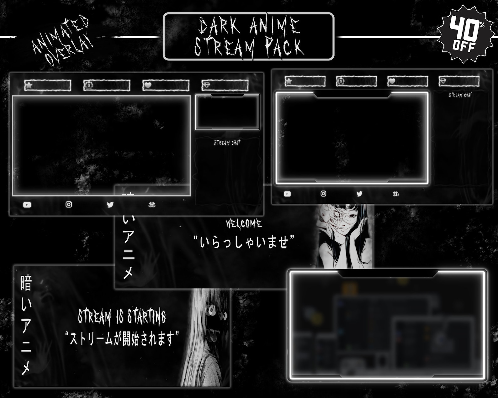 Animated Dark Anime Stream Overlay / Full Twitch Pack / Dark & Goth ...