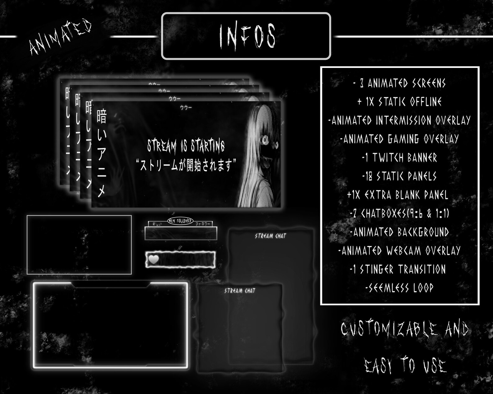 Animated Dark Anime Stream Overlay / Full Twitch Pack / Dark & - Etsy