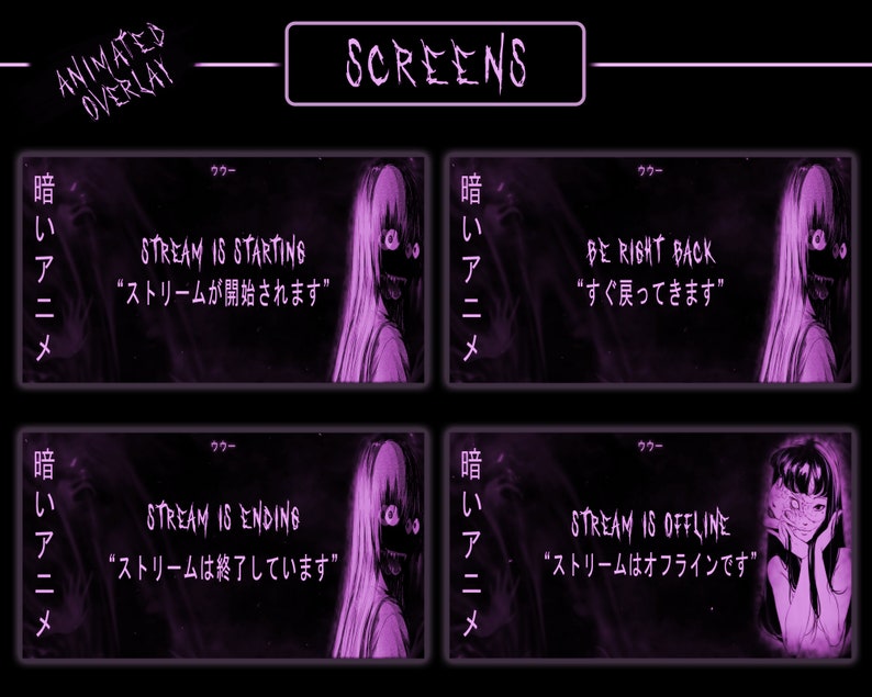 Animated Dark Pink Anime Stream Overlay / Full Twitch Pack / Psycho ...
