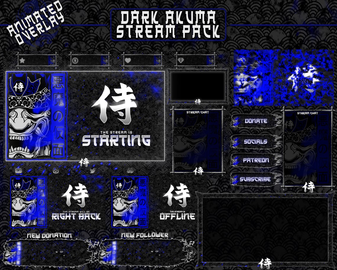 Animated Blue Akuma Stream Overlay / Samuraï / Oni Mask / Dark and Blue ...