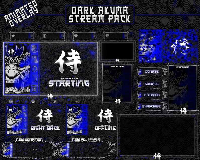 Animated Blue Akuma Stream Overlay / Samuraï / Oni Mask / Dark and Blue ...