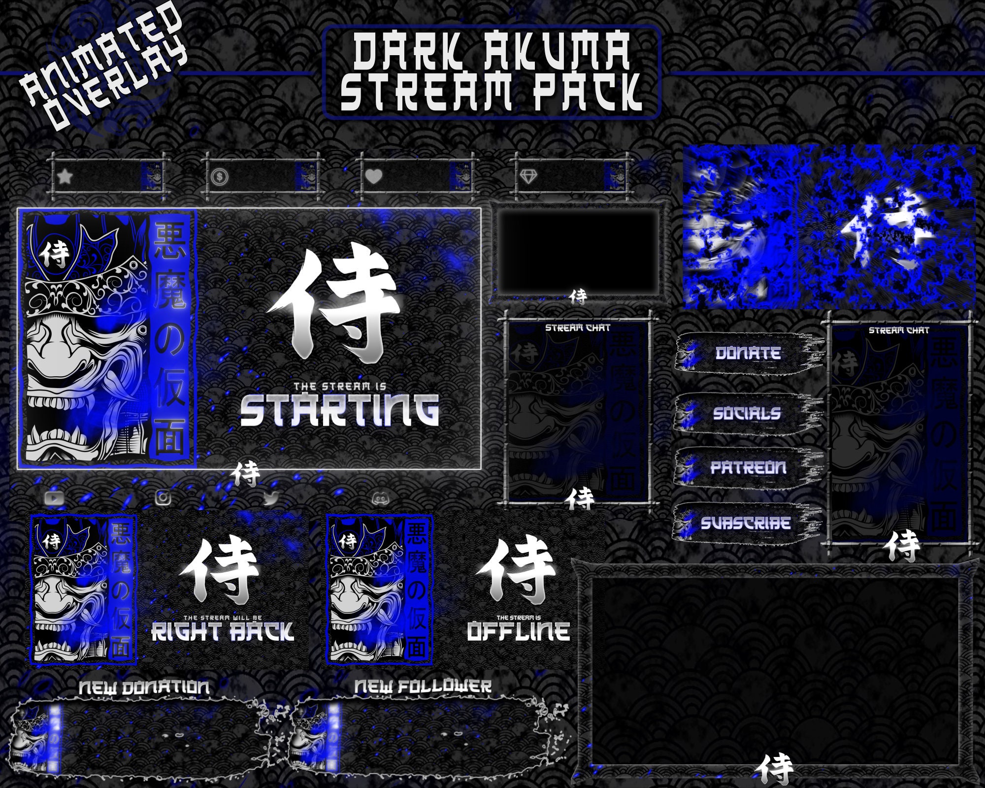 Animated Blue Akuma Stream Overlay / Samuraï / Oni Mask / Dark and Blue ...