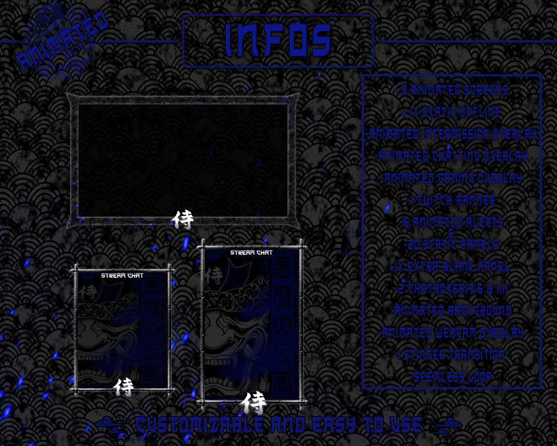 Animated Blue Akuma Stream Overlay / Samuraï / Oni Mask / Dark and Blue ...