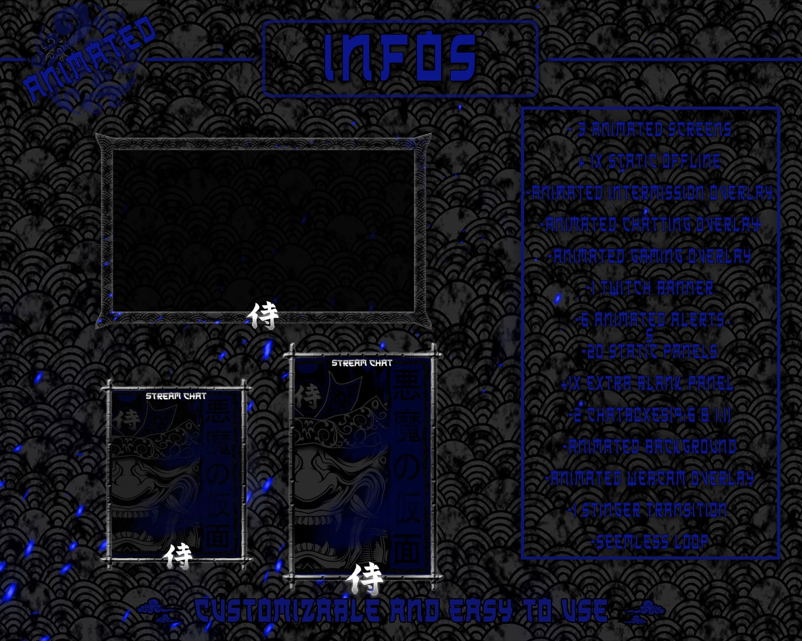 Animated Blue Akuma Stream Overlay / Samuraï / Oni Mask / Dark and Blue ...