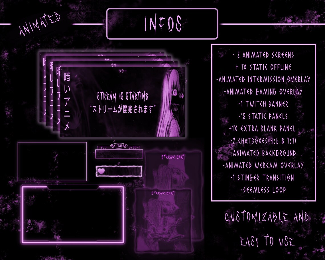 Animated Dark Pink Anime Stream Overlay / Full Twitch Pack / Psycho ...