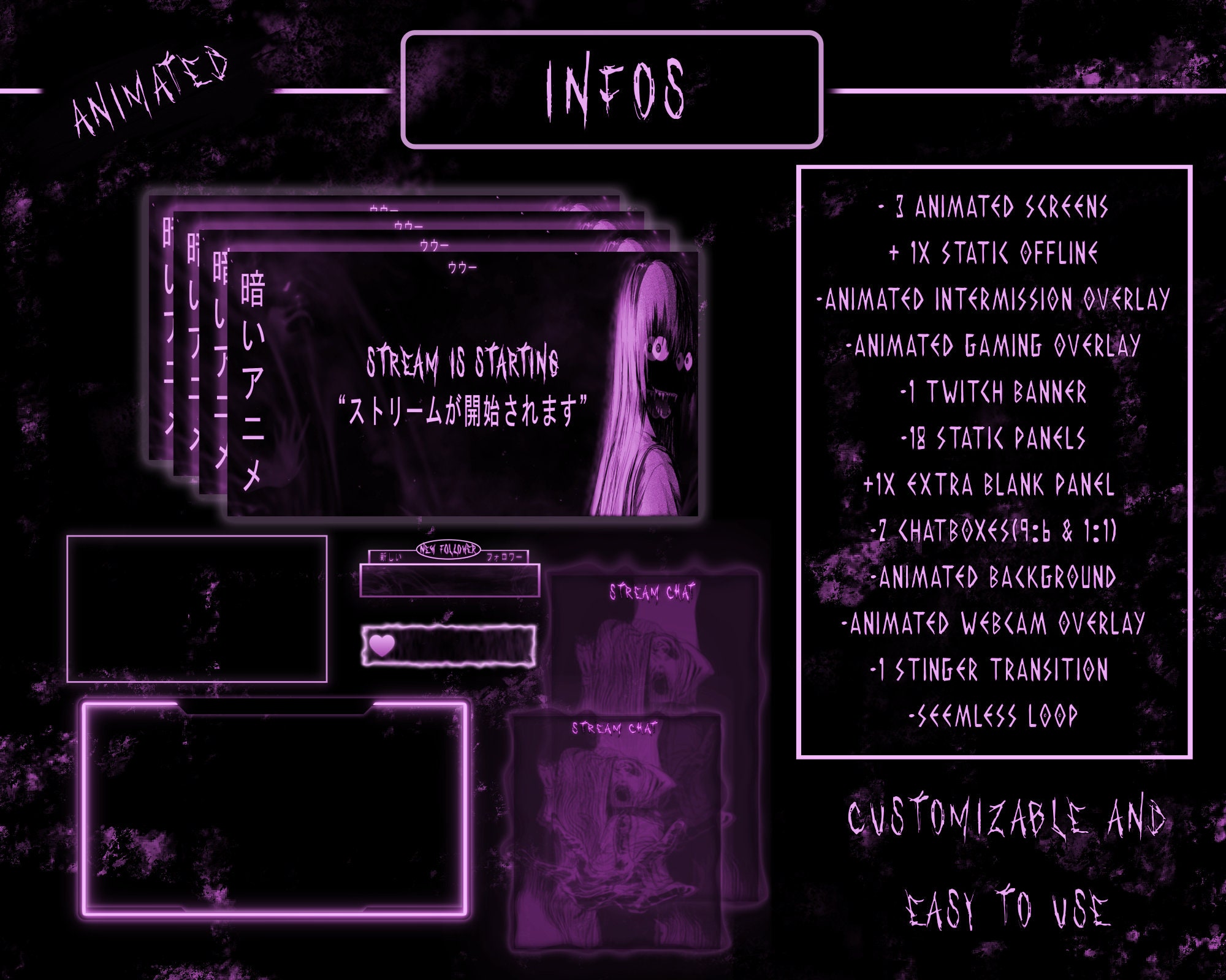 Animated Dark Pink Anime Stream Overlay / Full Twitch Pack / Psycho ...