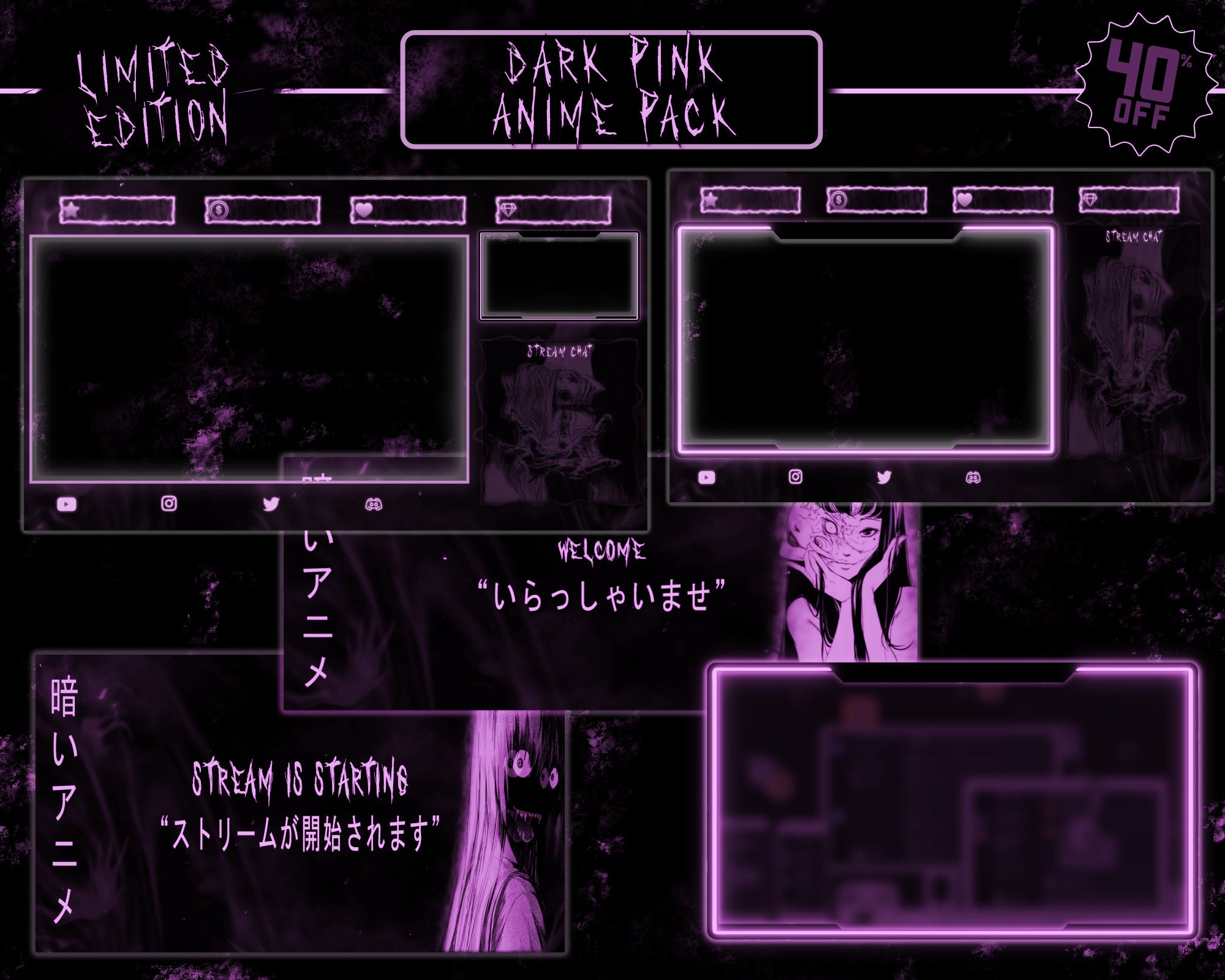 Animated Dark Pink Anime Stream Overlay / Full Twitch Pack / Psycho ...
