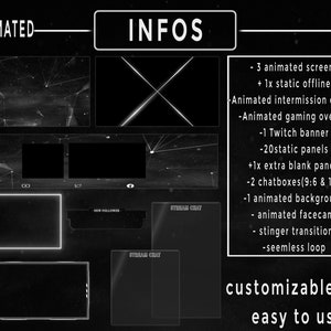 Animated Black and White Twitch Overlay / Minimal Dark Stream Package / Aesthetic / Animated ...