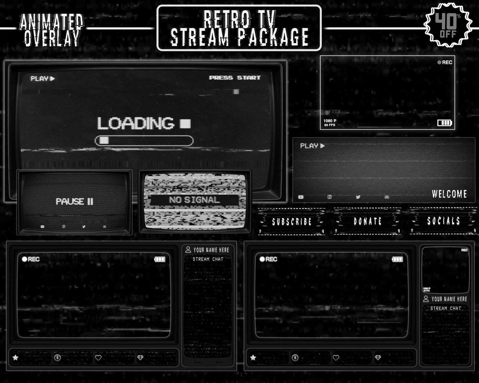 Dark Retro TV Stream Overlay / Full Package / Glitch / VHS / CRT ...