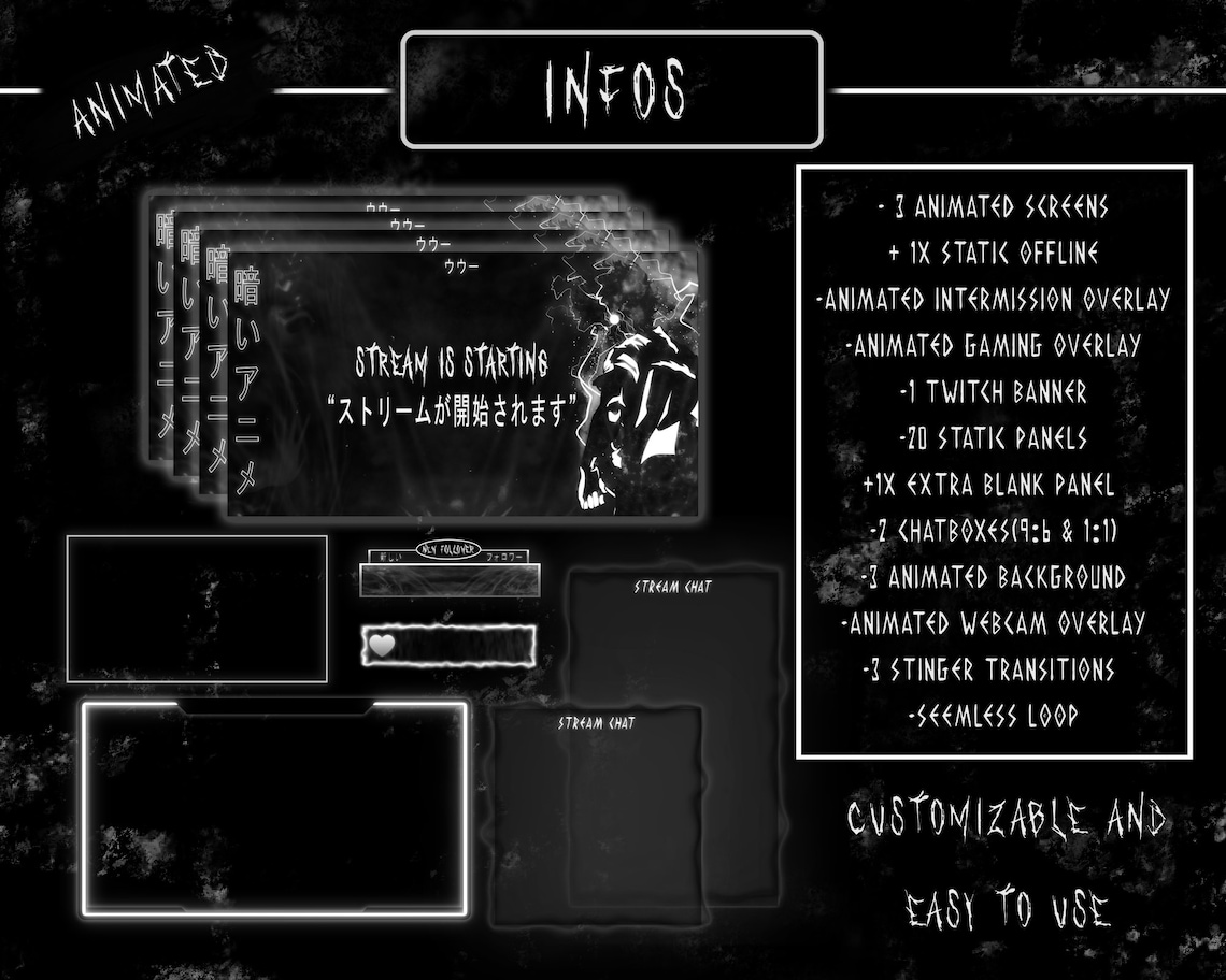 Animated Dark Anime Stream Overlay / Full Twitch Pack / Goth / Fantasy ...