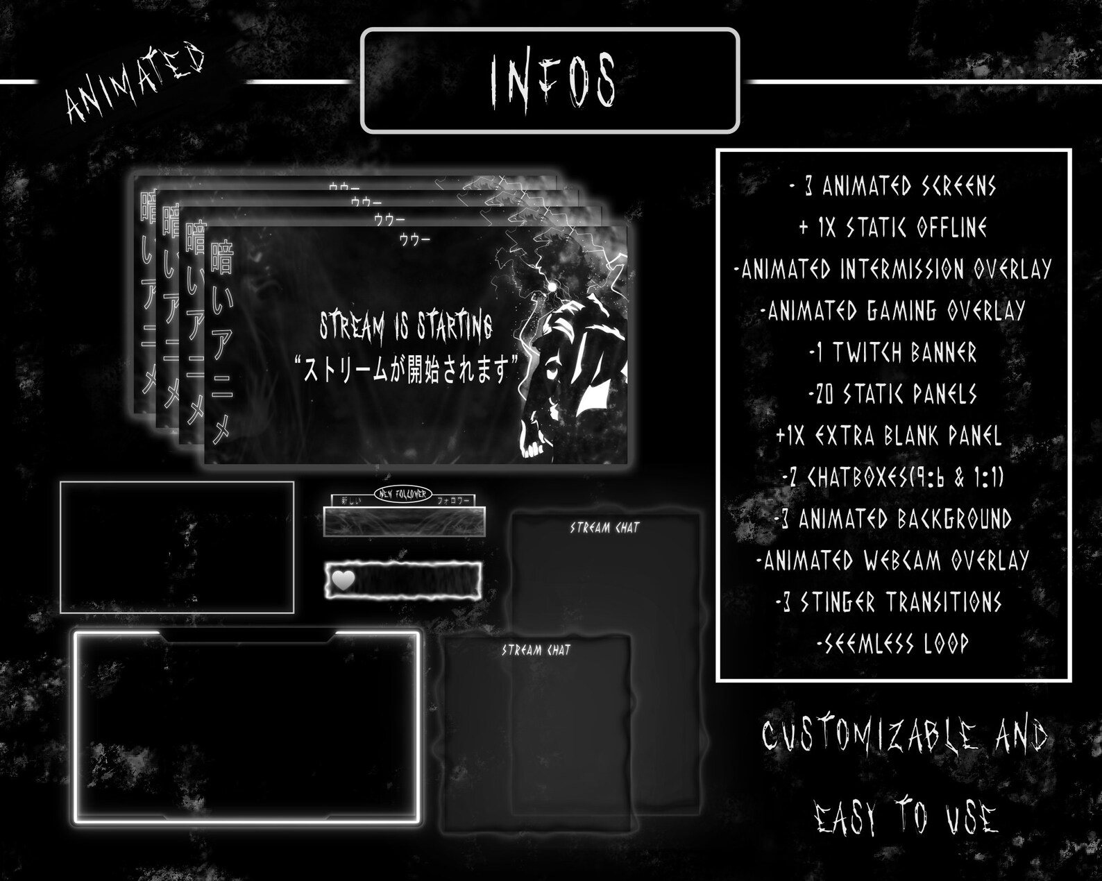 Animated Dark Anime Stream Overlay / Full Twitch Pack / Goth / Fantasy ...