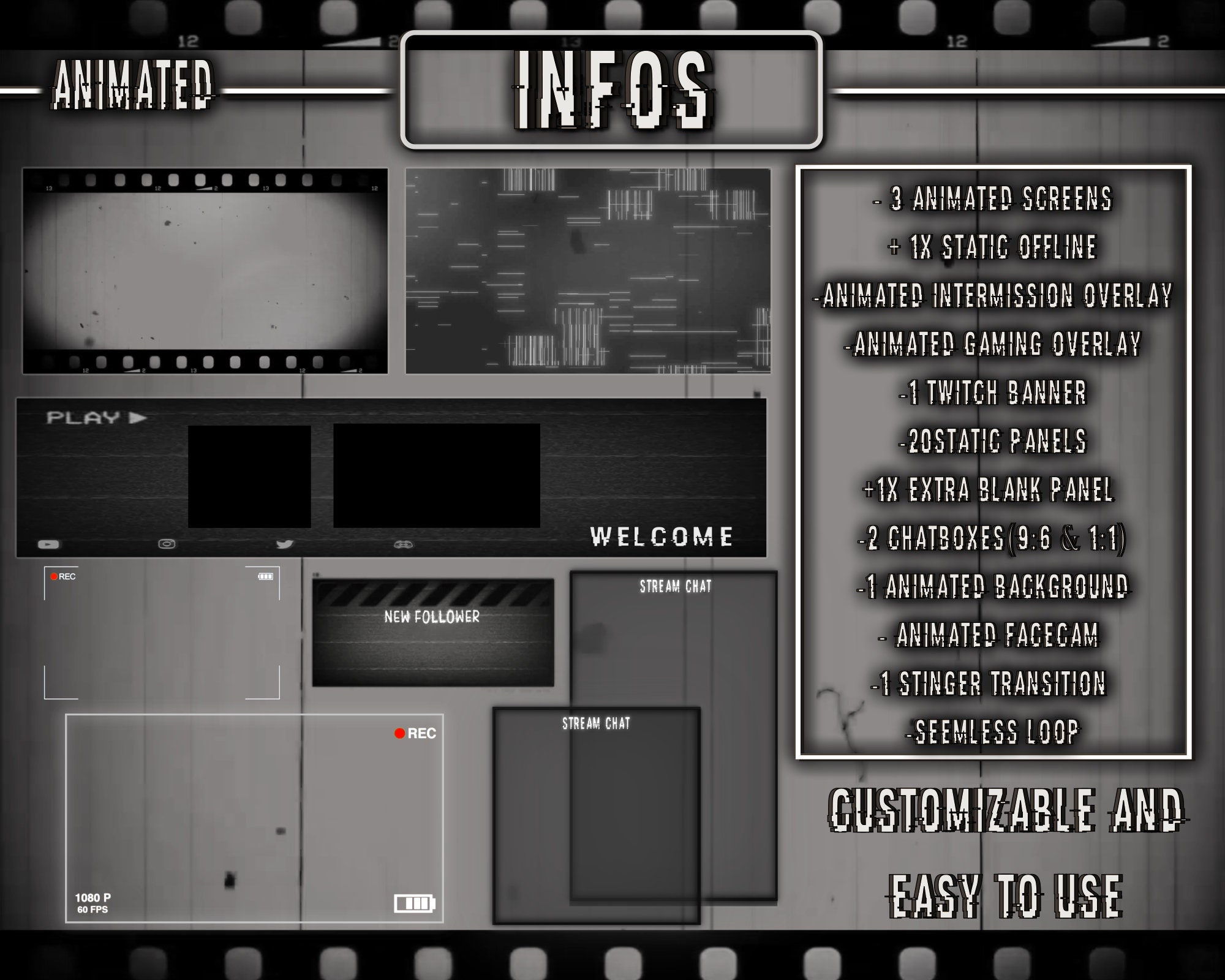 Animated Horror VHS Twitch Stream Overlay / Glitch & Noise / Old Movie ...