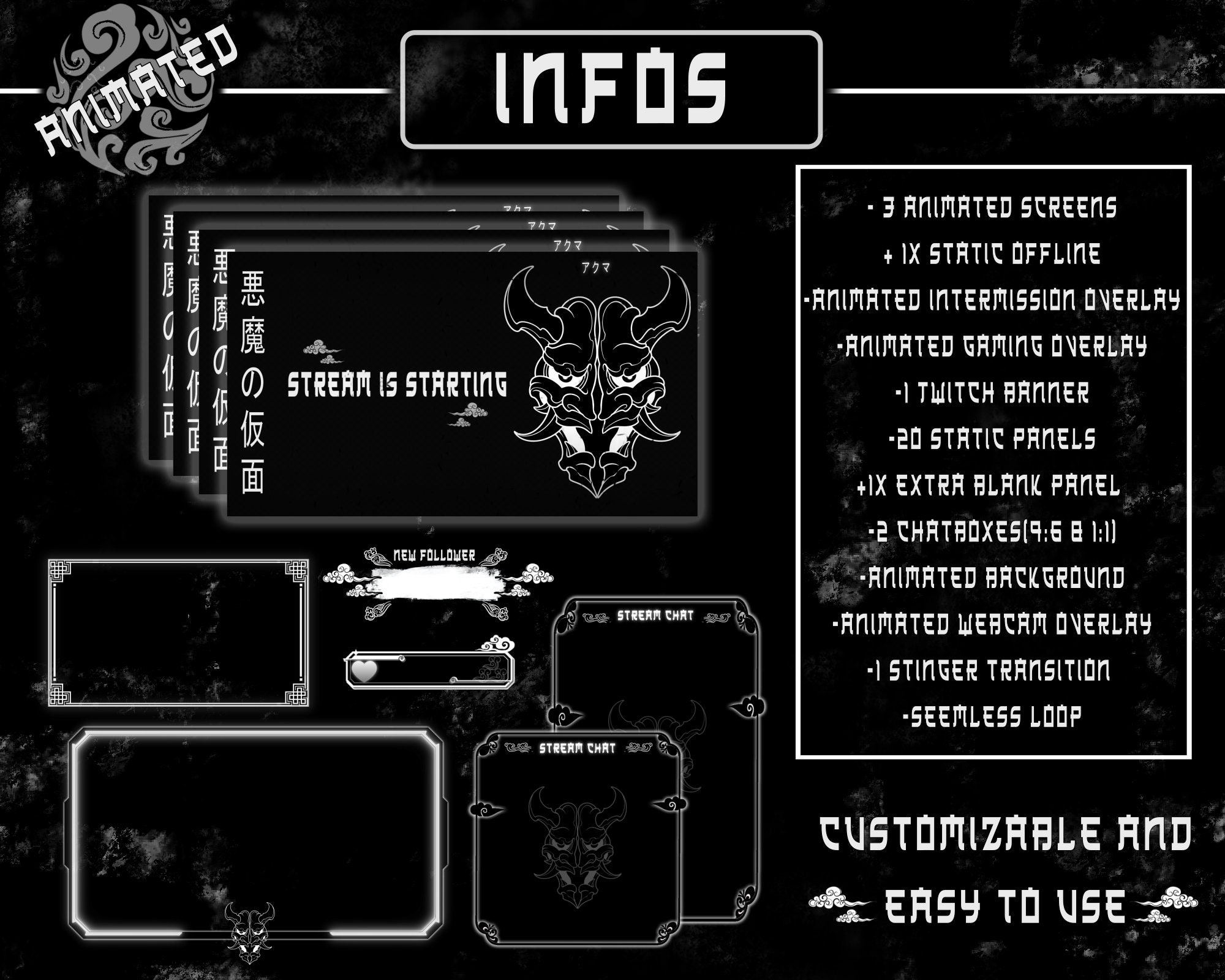 Animated Dark Akuma Stream Overlay / Oni Mask / Full Twitch Pack / Dark ...