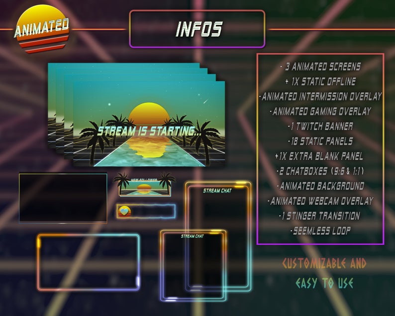 Animated Retro Synthwave Stream Overlay / Full Twitch Pack / 80s ...