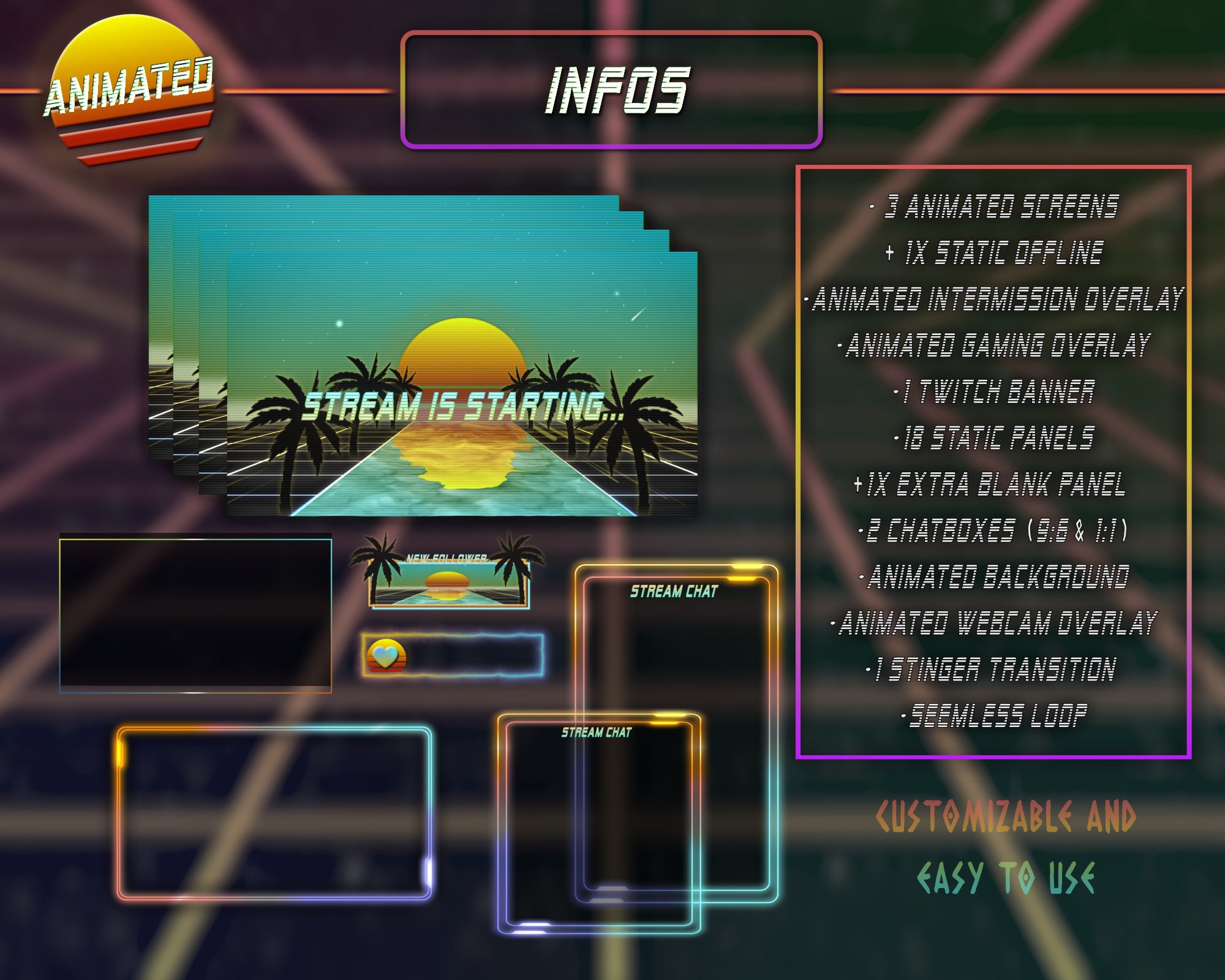 Animated Retro Synthwave Stream Overlay / Full Twitch Pack / 80s ...