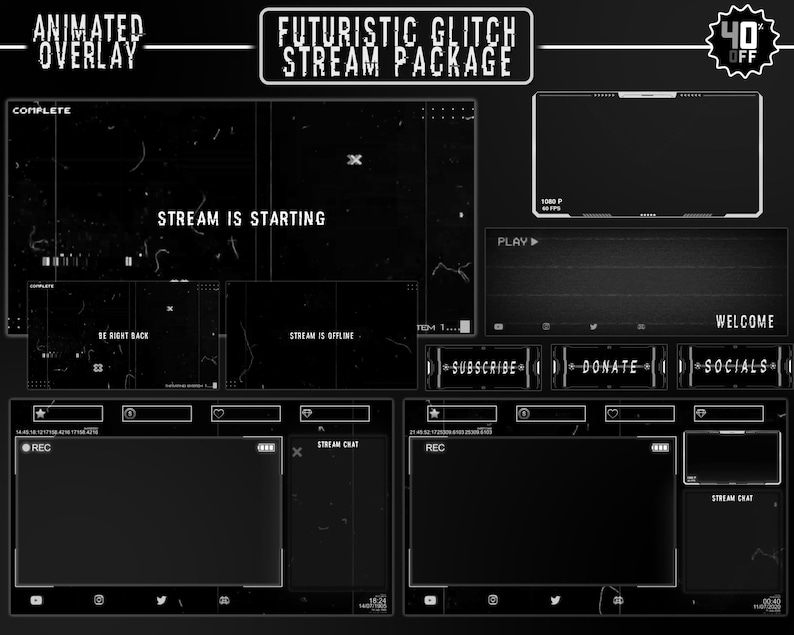 Dark Cyber Glitch Stream Overlay / VHS / VCR / Futuristic / Sci-fi / Animated Screens, Alerts ...