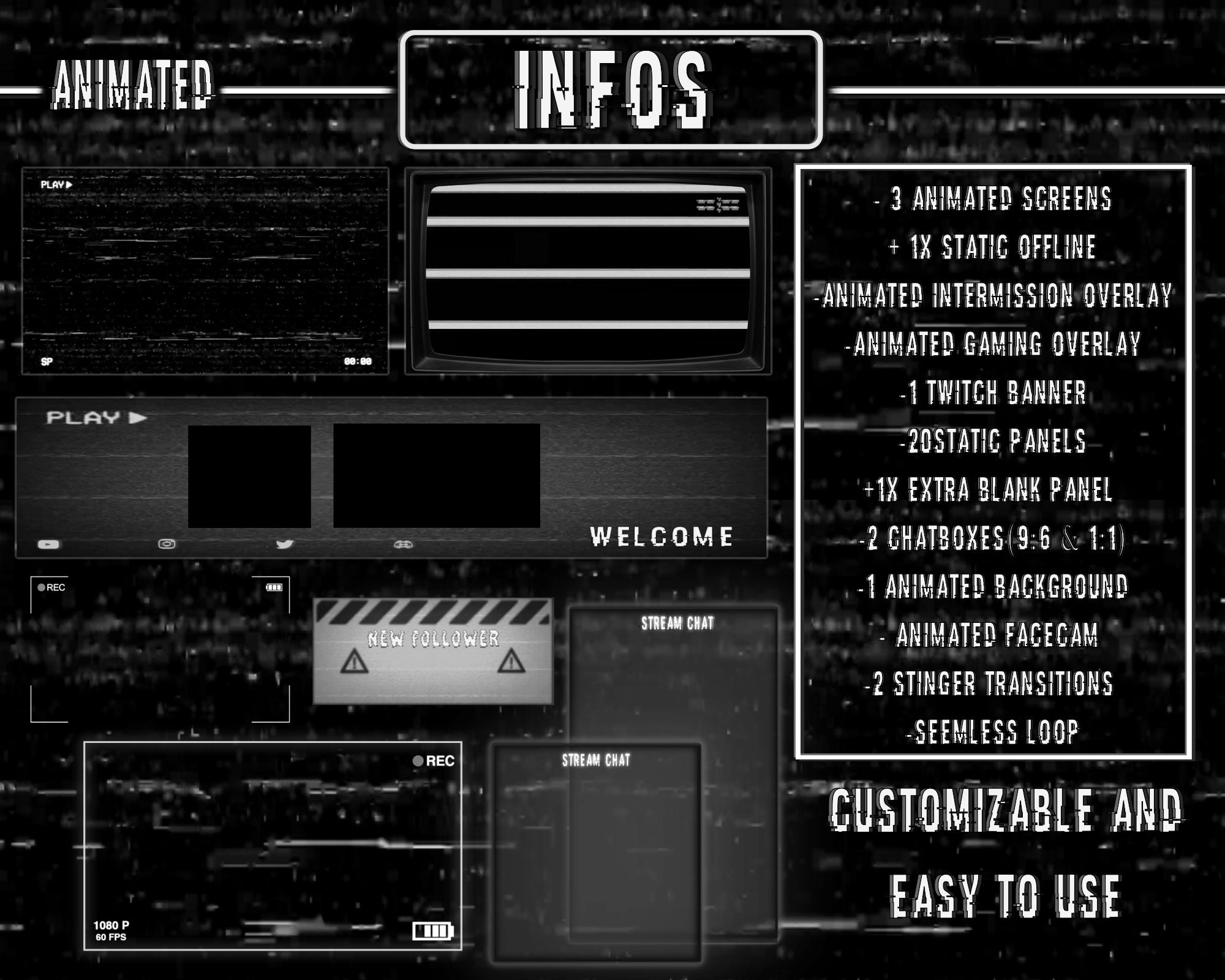 Dark Retro TV Stream Overlay / Full Package / Glitch / VHS / CRT ...