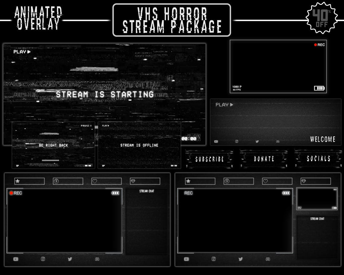 Animated Dark VHS Stream Overlay / Full Package / TV Glitch / CRT ...