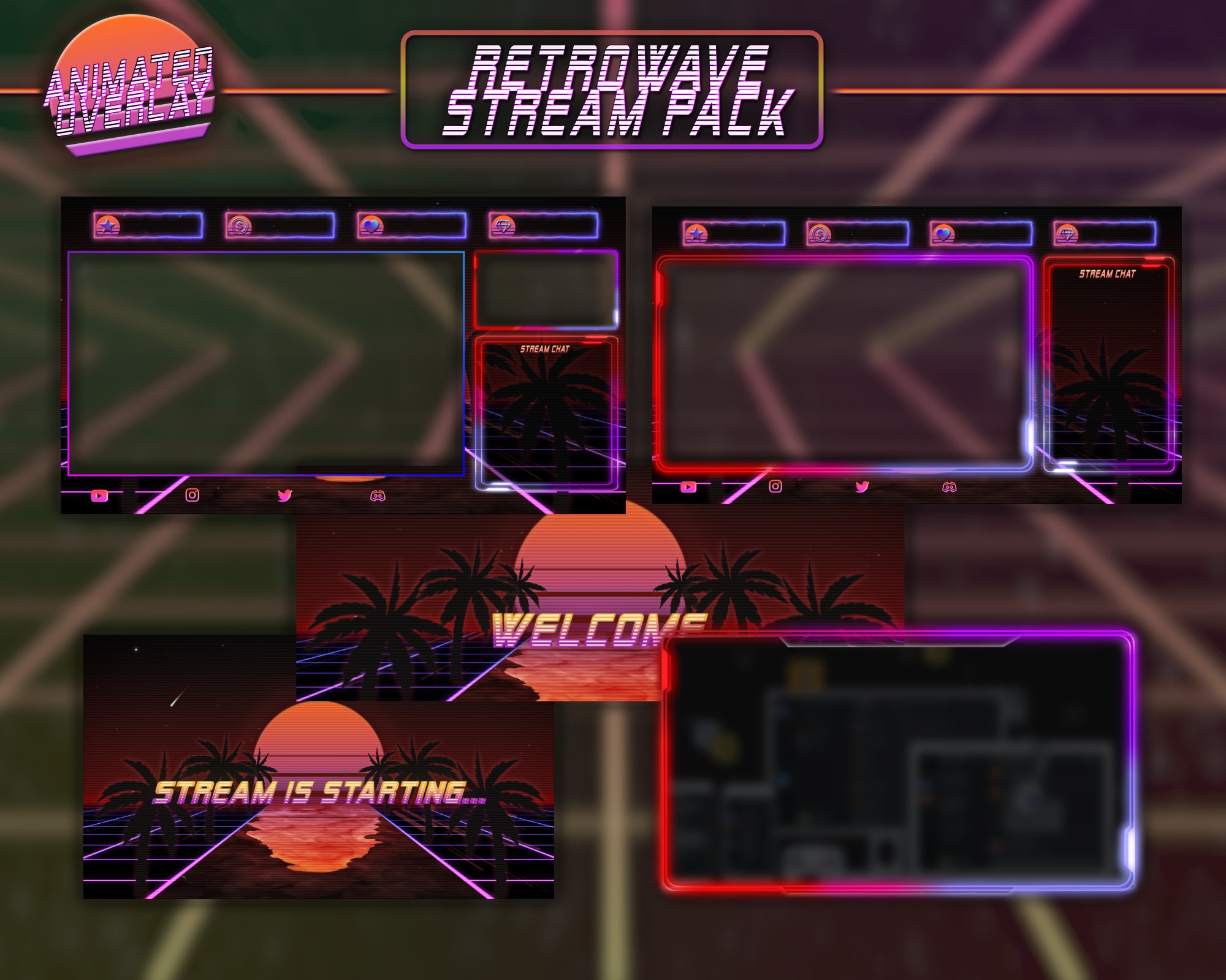 Animated Stream Neon Retrowave Overlay / Complete Twitch Pack / Retro ...