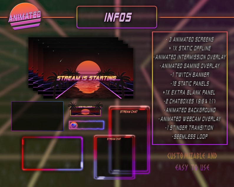 Animated Stream Neon Retrowave Overlay / Complete Twitch Pack / Retro ...