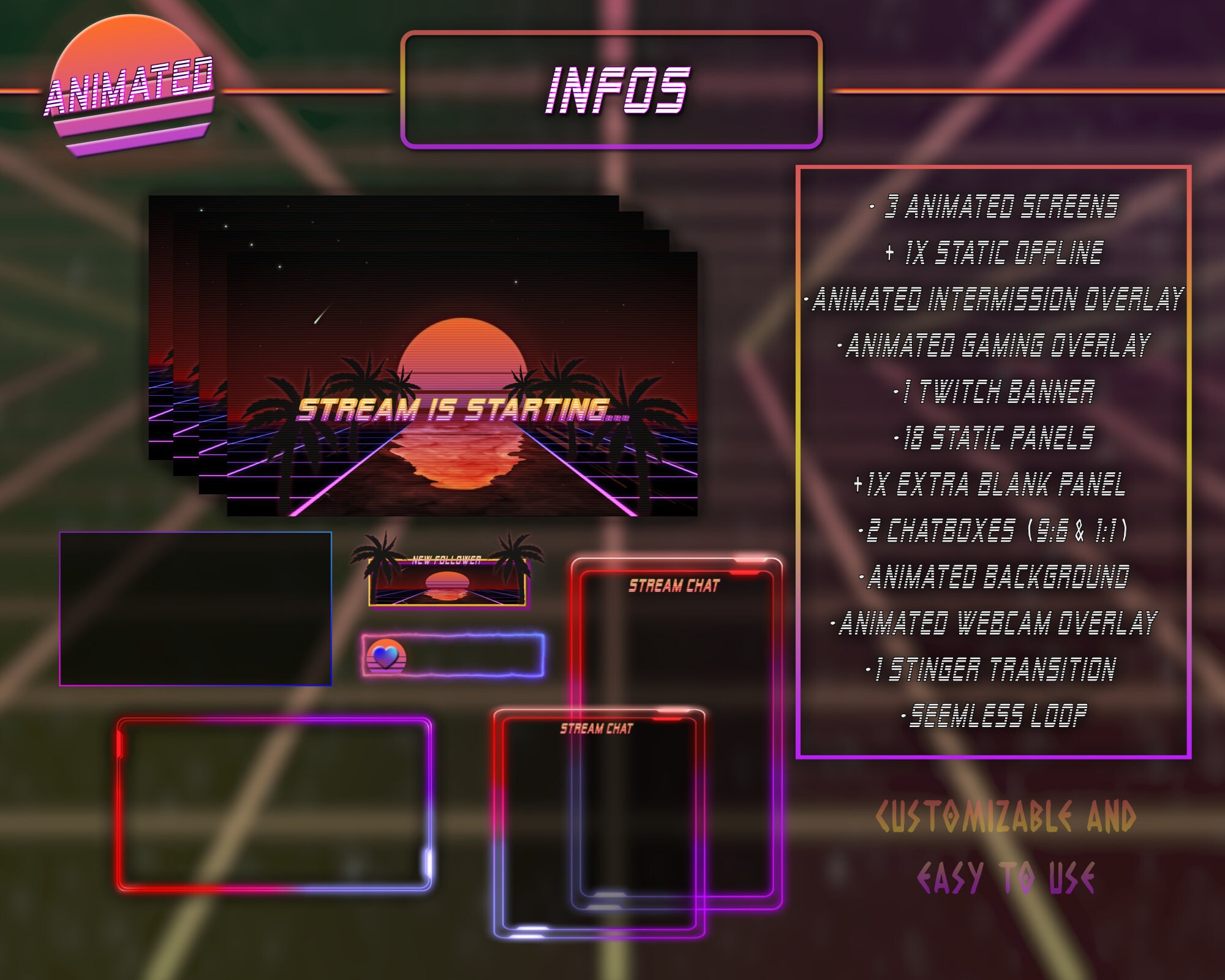 Animated Stream Neon Retrowave Overlay / Complete Twitch Pack / Retro ...