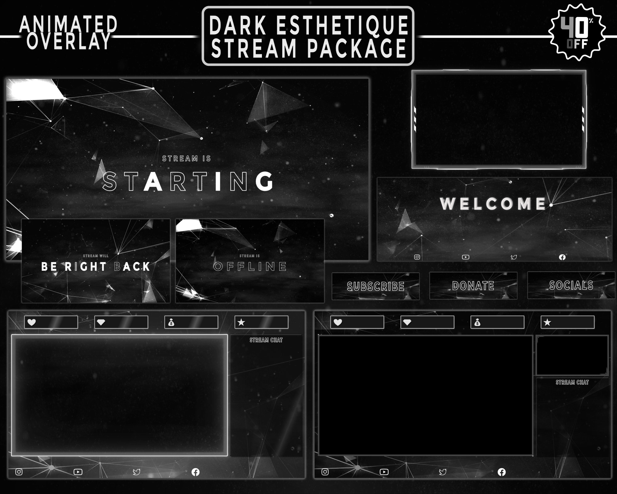 Animated Black and White Twitch Overlay / Minimal Dark Stream Package ...