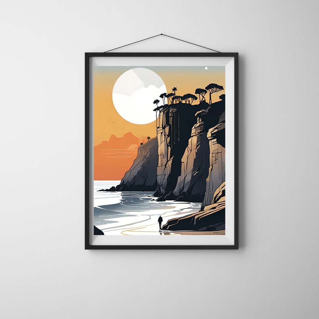 Sunset Cliffs Drawing Artwork Landscape Graphic Wall Art, Modern Poster ...