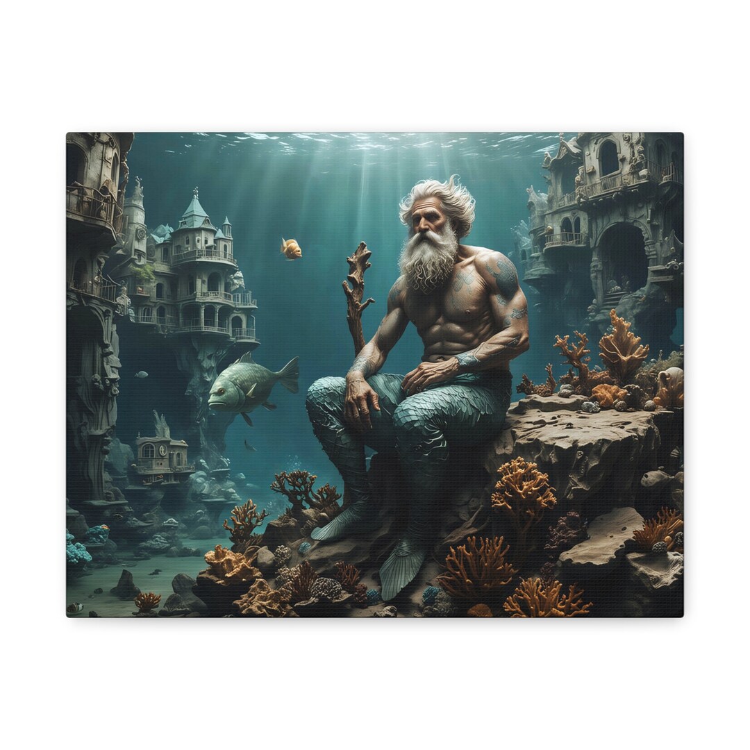 Merman Sitting on A Rock, Canvas Print, Fantasy Art Print, Underwater ...