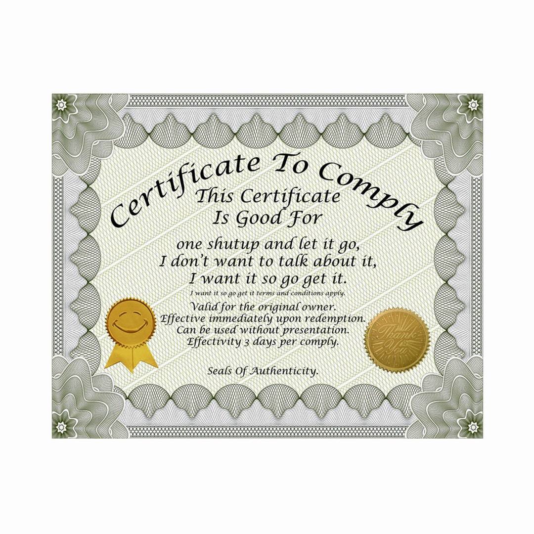 Certificate to Comply, Prints With Quotes, Funny Contracts, Funny ...