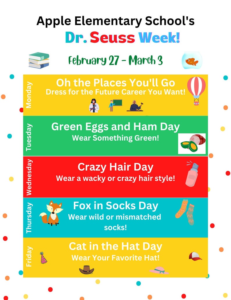 Dr. Seuss Week School Spirit Itinerary, Editable Printable Template ...