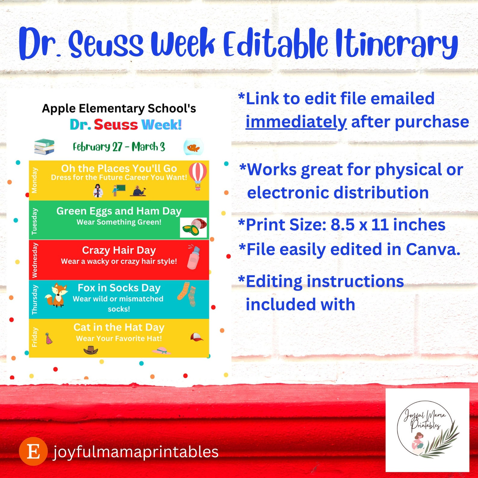 Dr. Seuss Week School Spirit Itinerary, Editable Printable Template ...