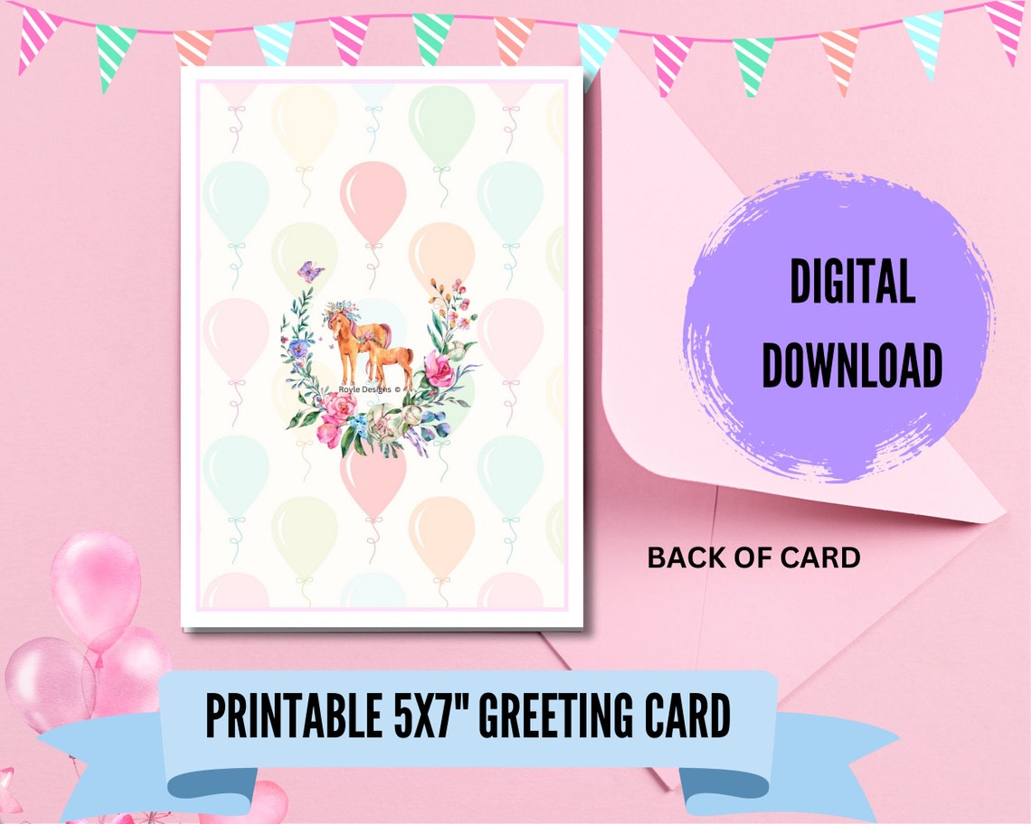 Horse Theme Girls' Birthday Card Printable PDF & JPEG Formats - Etsy