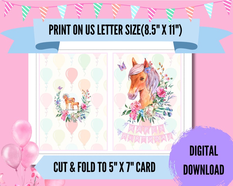 Horse Theme Girls' Birthday Card Printable PDF & JPEG Formats - Etsy