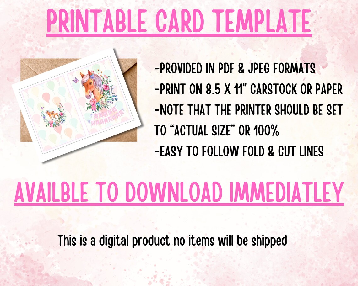 Horse Theme Girls' Birthday Card Printable PDF & JPEG Formats - Etsy
