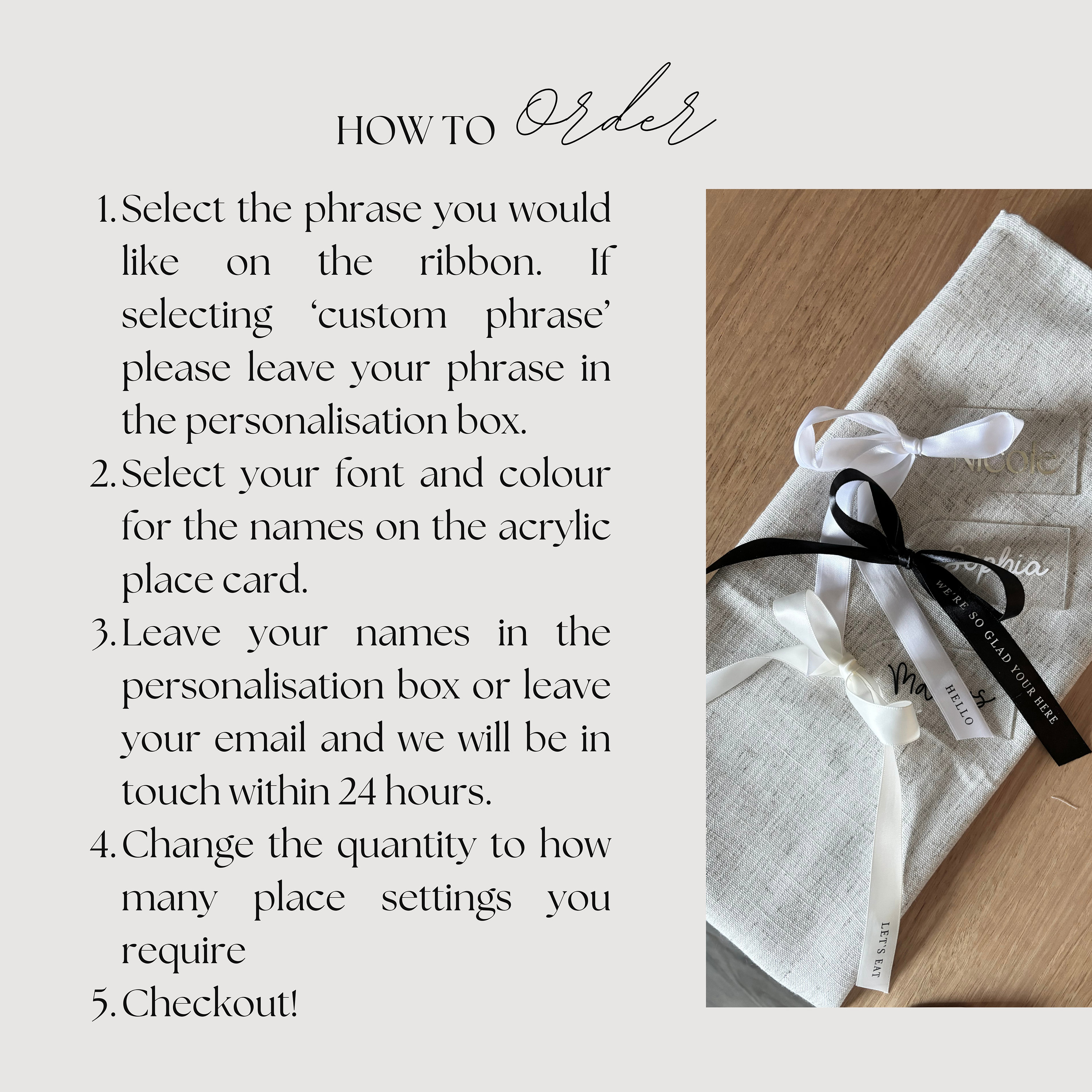 Arch Acrylic Wedding Place Settings With White Satin Ribbon Bow Elegant ...