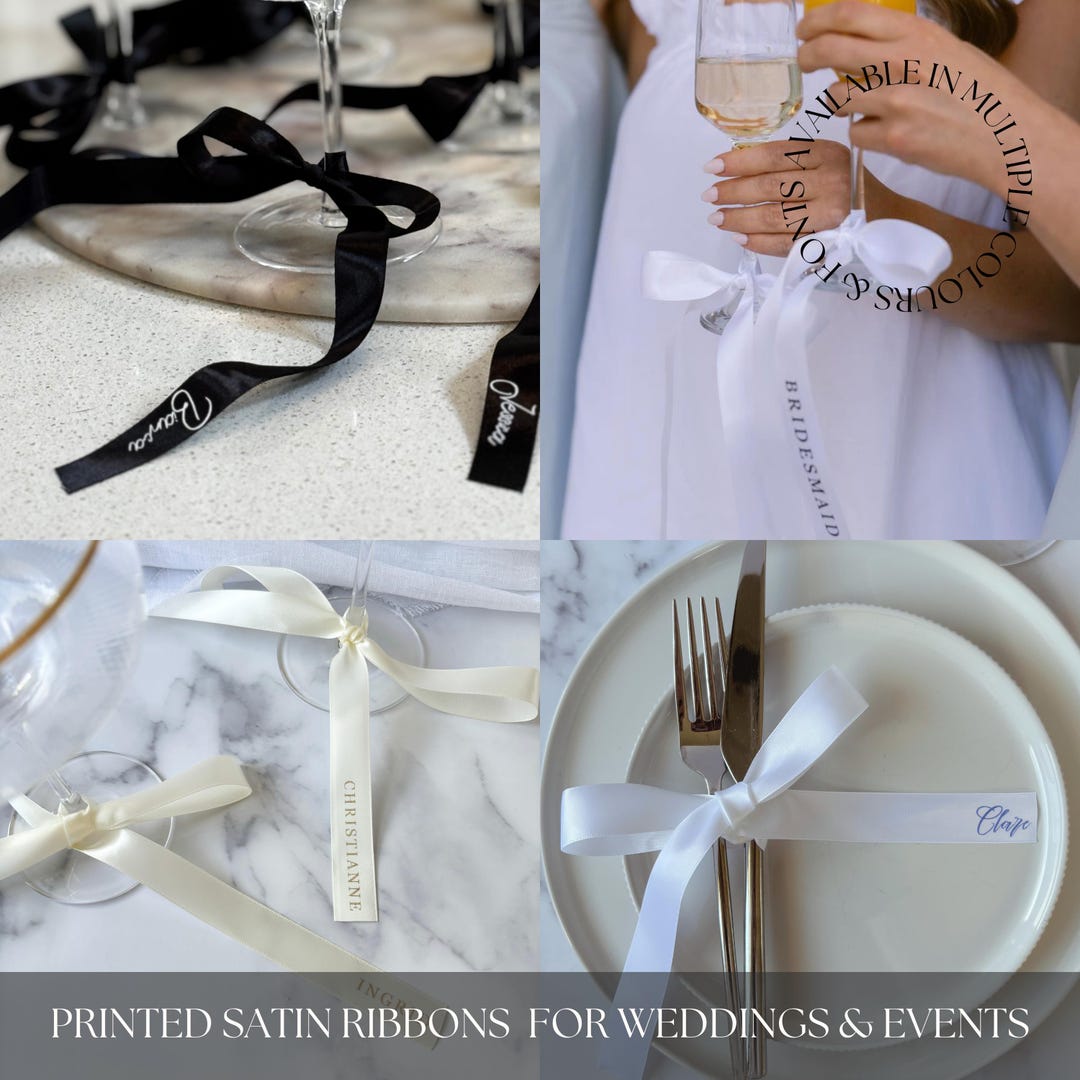 Wedding Place Setting Bow and Drink Tags - Printed Ribbon Name Settings ...