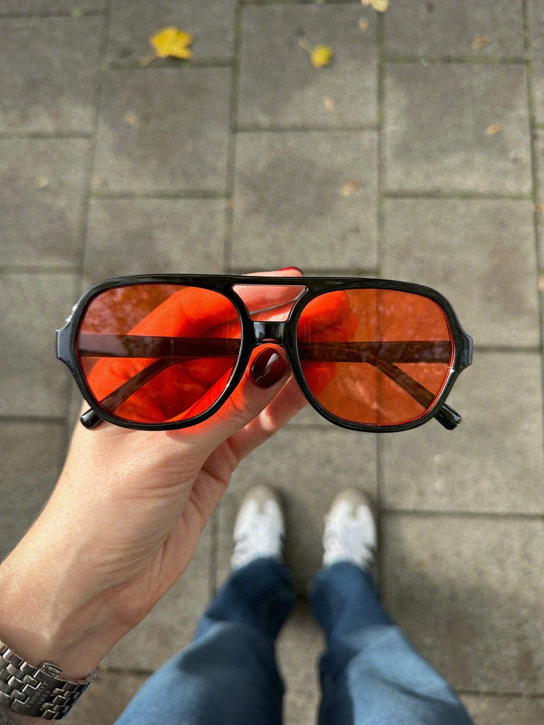 Round Retro Aviator Sunglasses Glasses With Red Lenses and Slim Frame ...