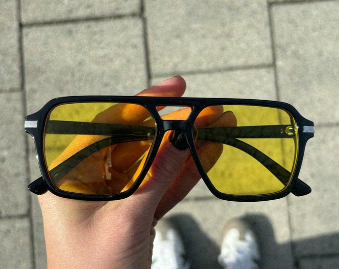 Eckige Retro Aviator Sonnenbrille Brille mit Gelben Gäsern und ...