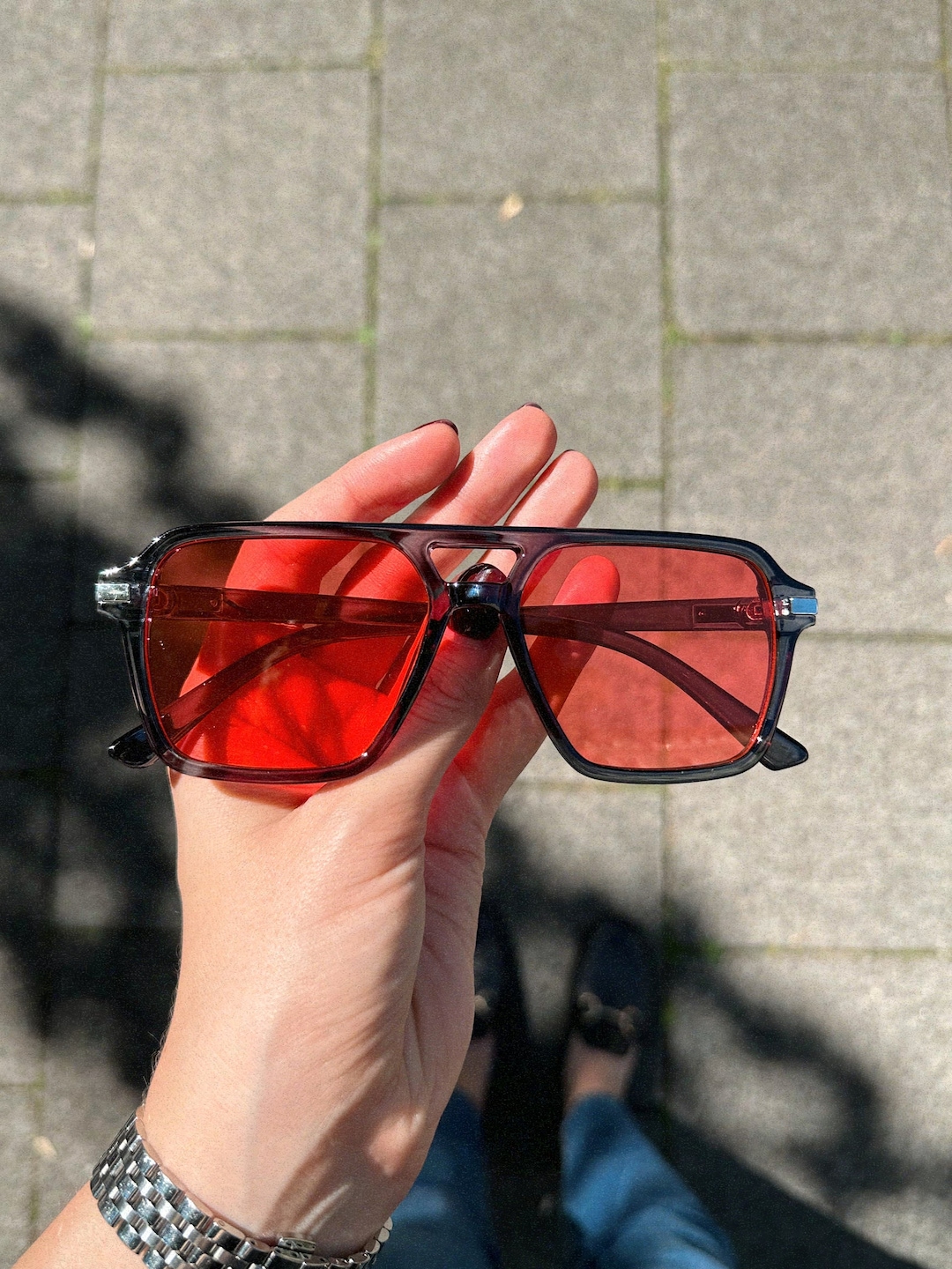 Square Retro Aviator Sunglasses Glasses With Red Lenses and Slim Frame ...
