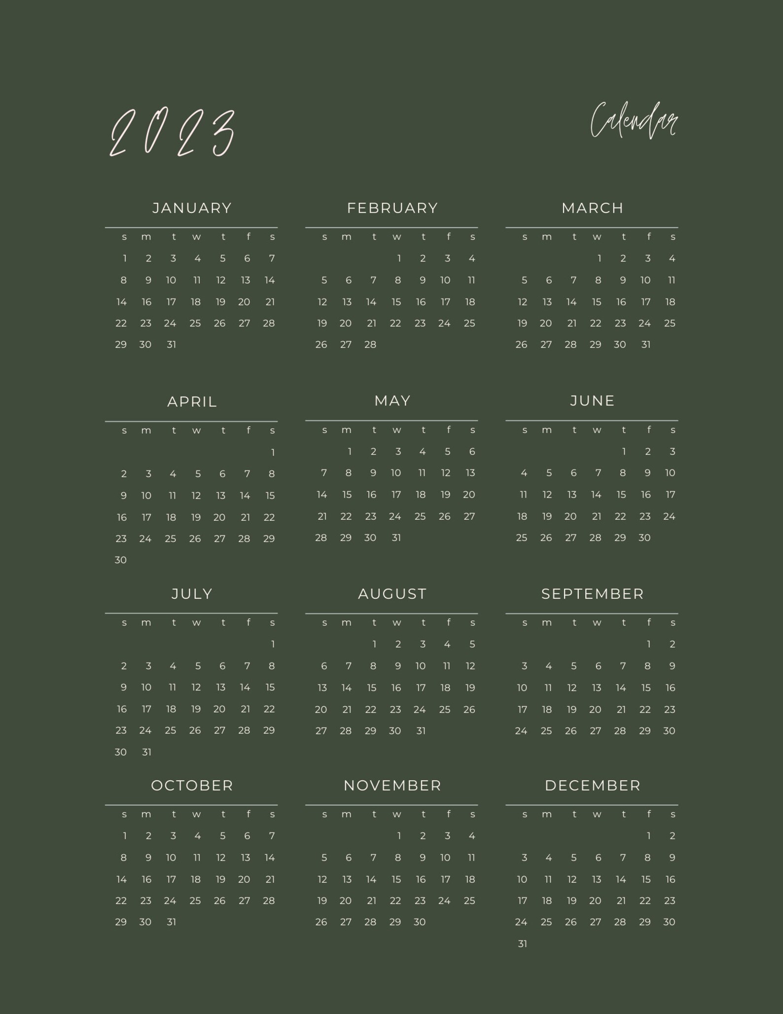 Printable Elegant Year Calendar - Etsy