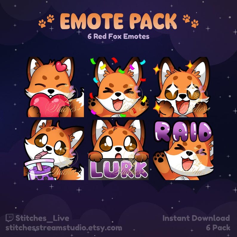 Cute Red Fox Twitch Emote Pack | Streamer, Streaming Assets, Gaming ...