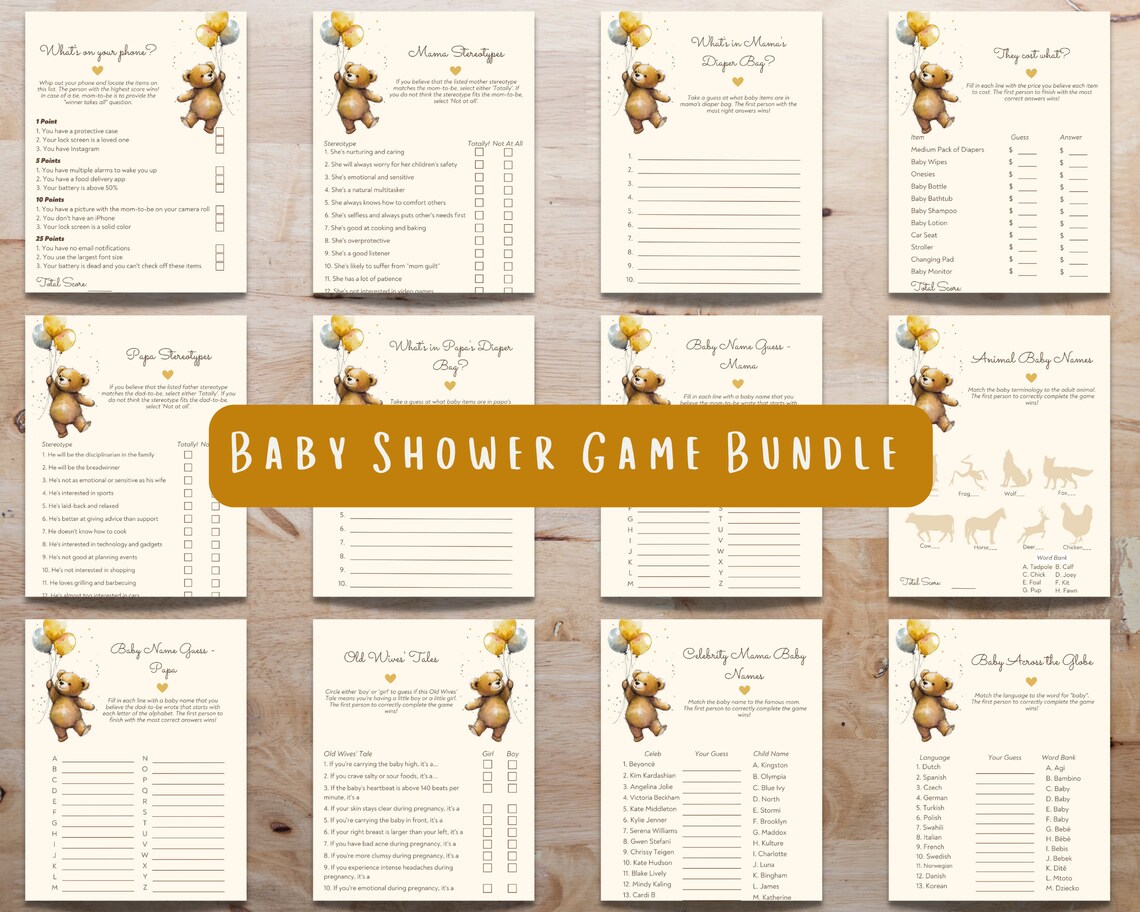 30 Teddy Bear Balloon Baby Shower Games, Party Activities Baby Sprinkle Package, Printable Mama ...