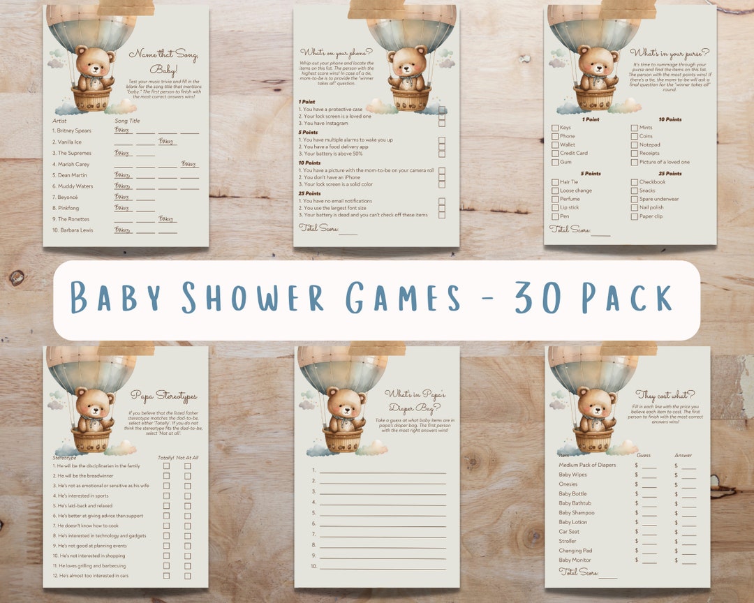 30 Baby Shower Games Teddy Bear in Hot Air Balloon, Party Activities Sprinkle Package, Printable ...