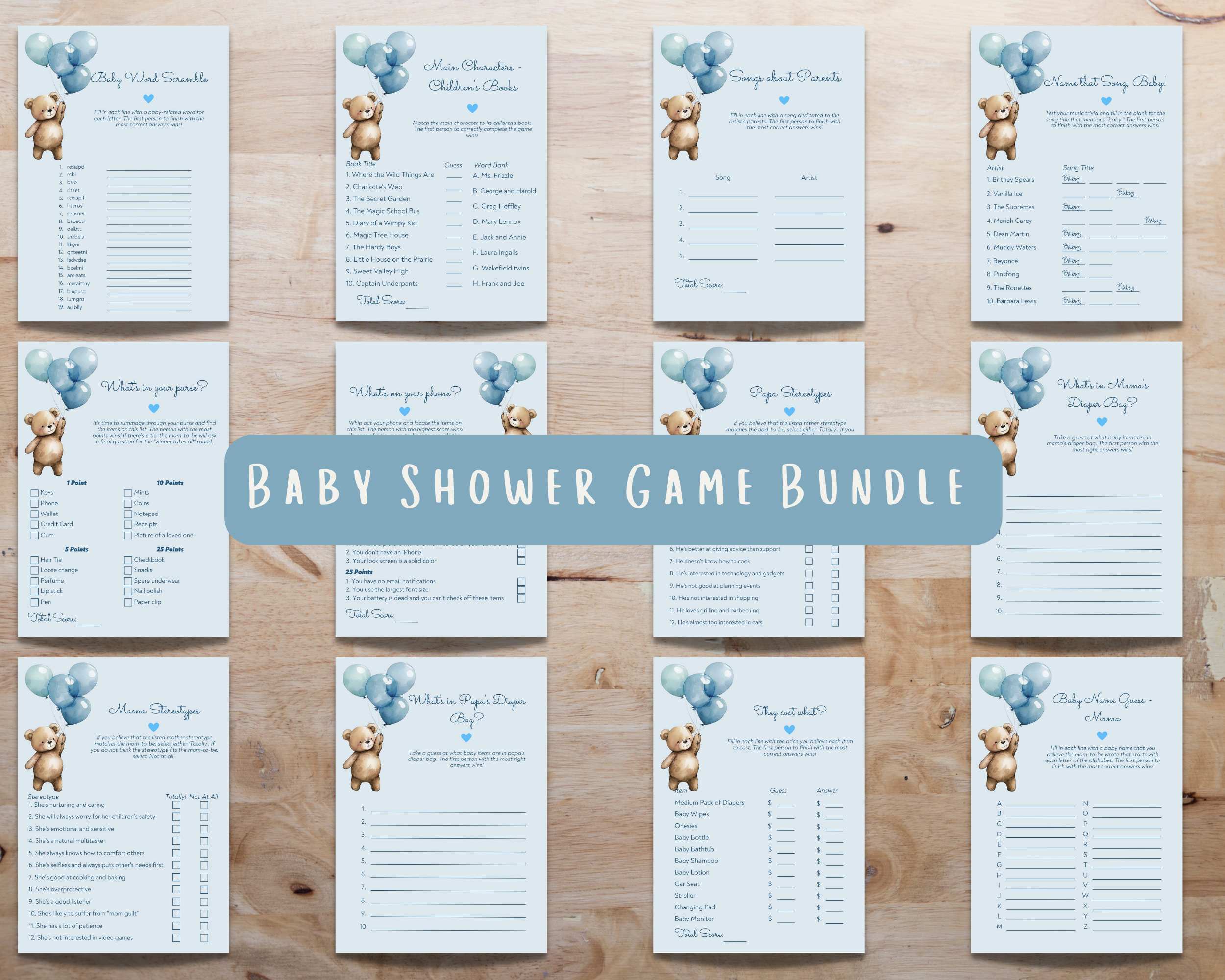 Teddy Bear & Balloons Baby Shower Games, 30 Word Activities Sprinkle Package, Printable Mama ...